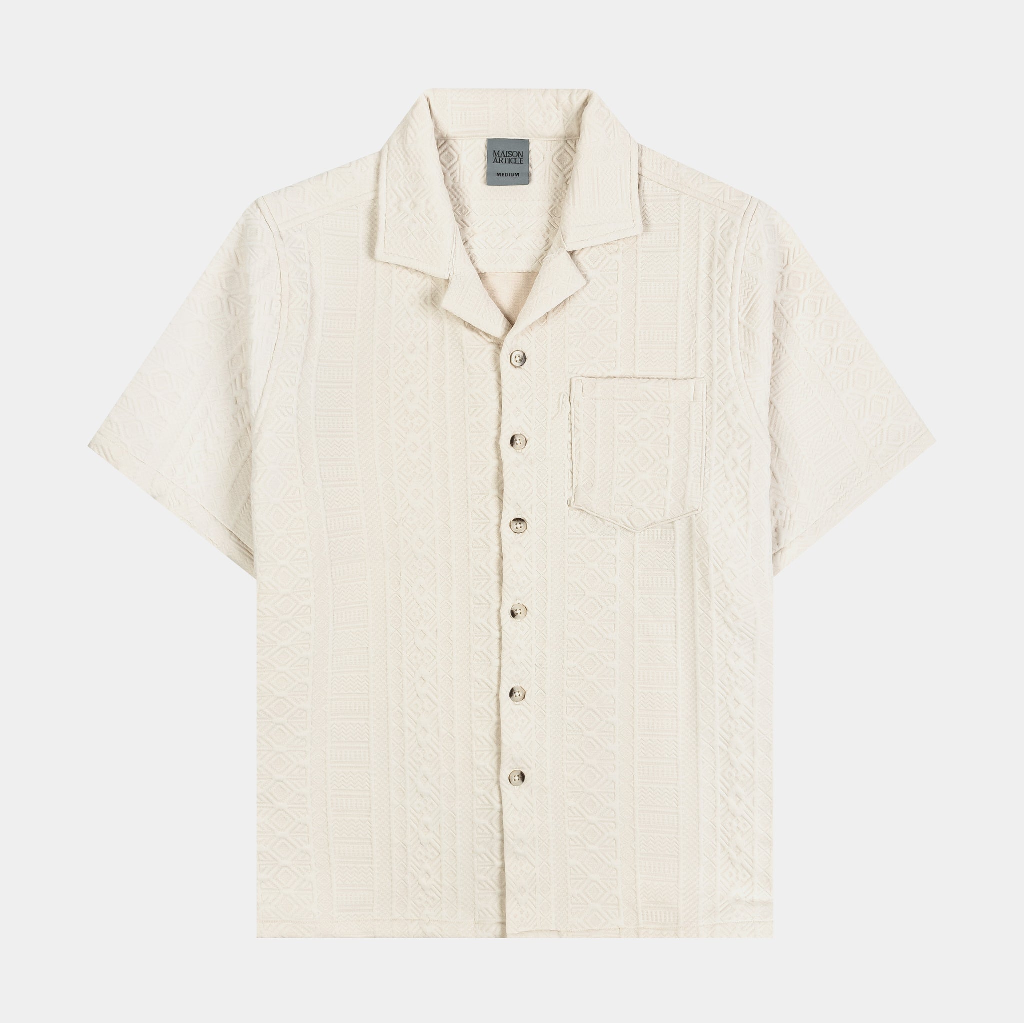 Maison Article Ornate Jacquard Button Up Mens Short Sleeve Shirt Beige ...