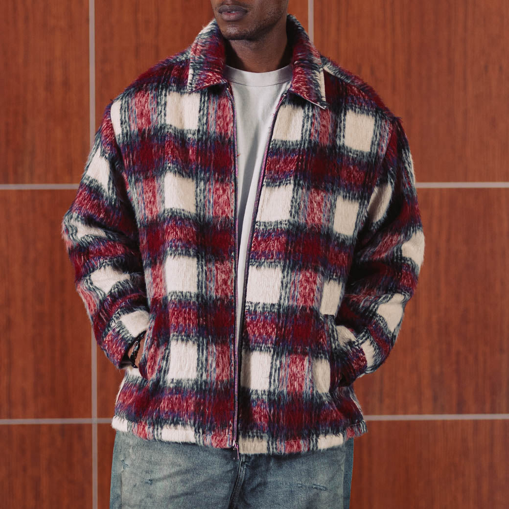 Maison Article Plaid Zip-Up Flannel Mens Jacket Red Beige MAFJ107 ...