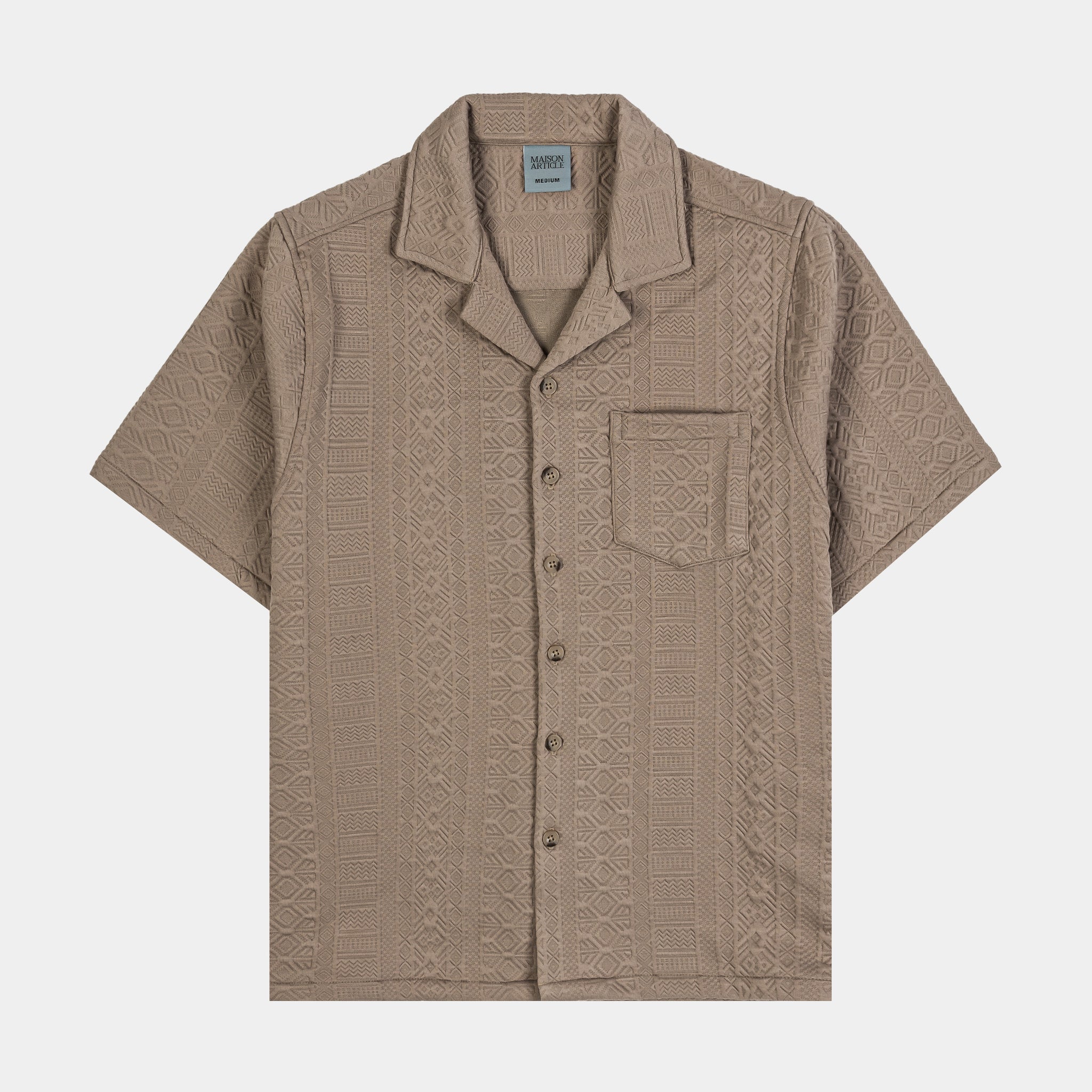 Maison Article Ornate Jacquard Button Up Mens Short Sleeve Shirt Taupe ...